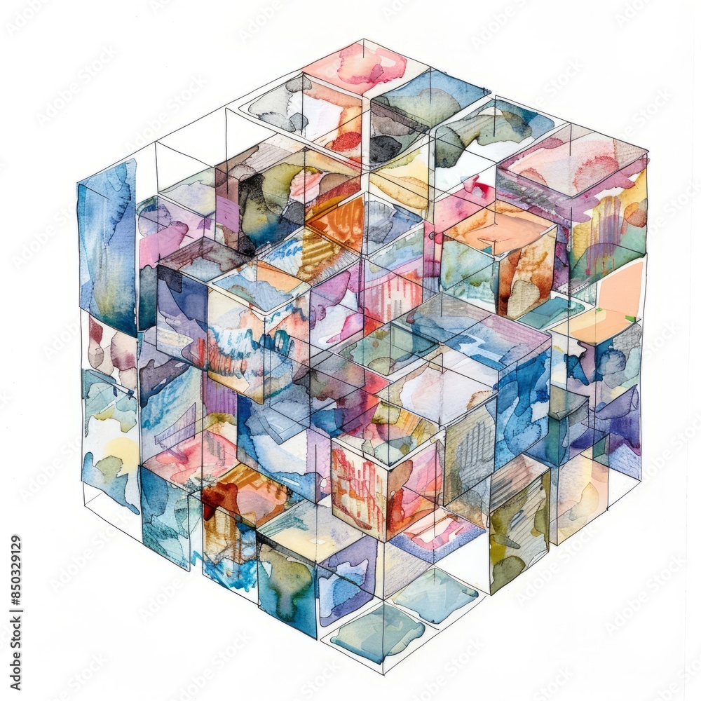 Watercolor painting of a hypercube glowing with ethereal light, illuminating its intricate ...