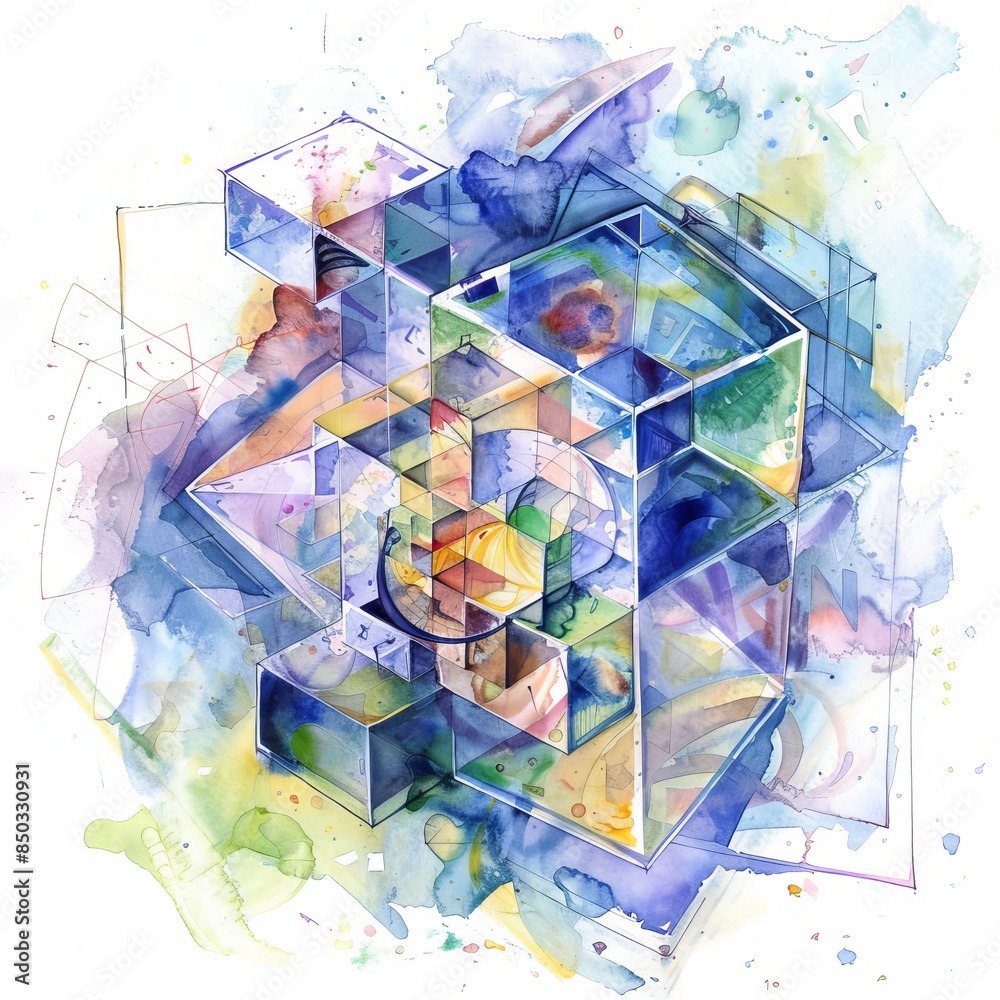 Watercolor painting of a hypercube merging with organic forms, blurring the boundaries between ...