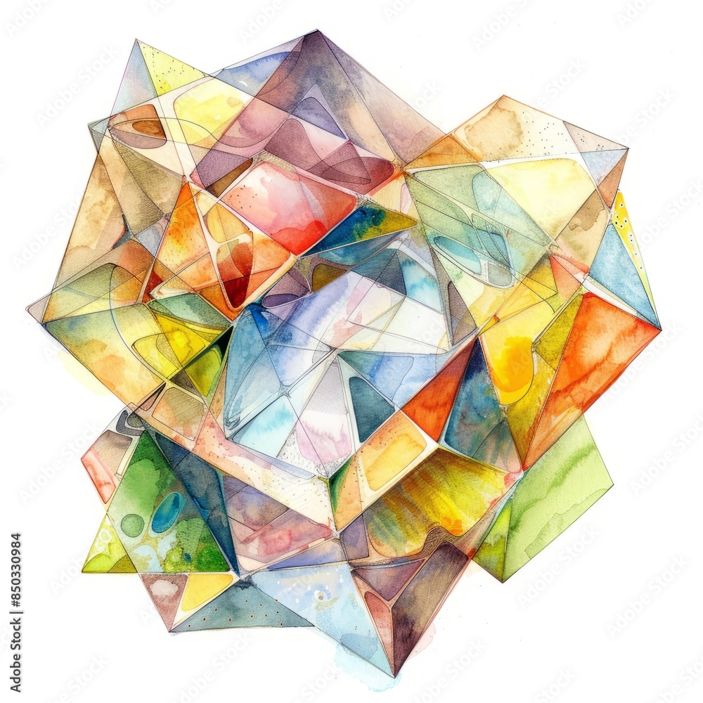 Watercolor painting of a hypercube merging with organic forms, blurring the boundaries between ...