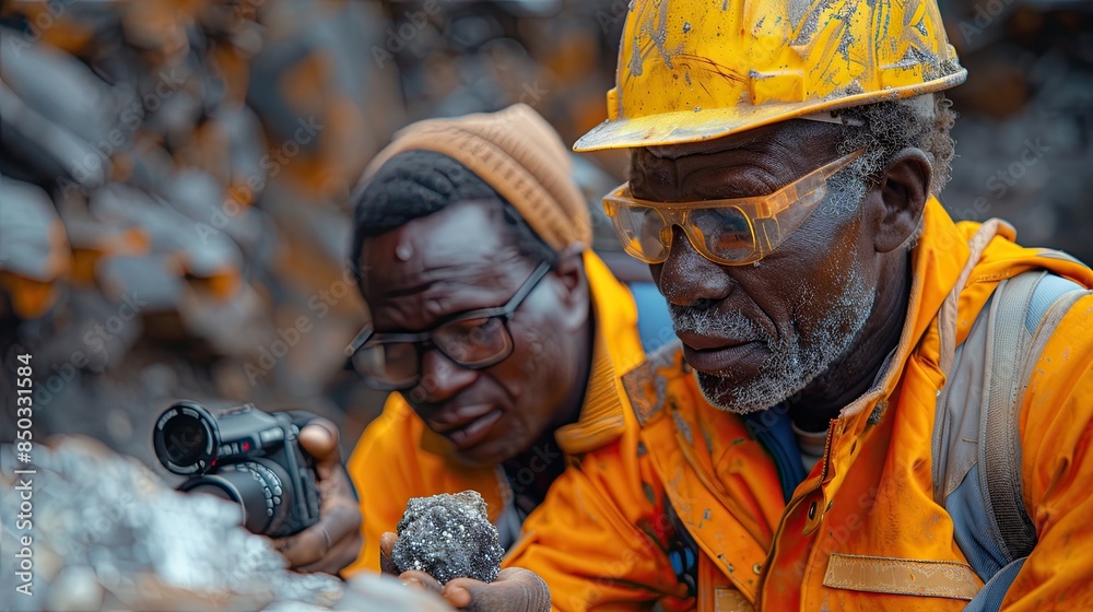 Miners are shown inspecting platinum, silver, or rare earth materials ...