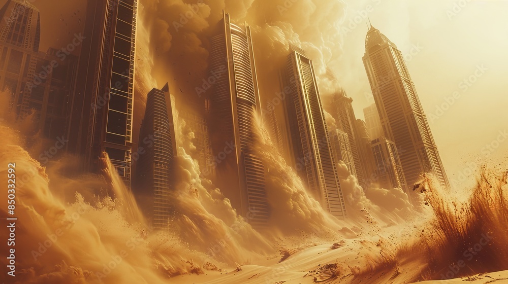 Catastrophic sandstorm waves crashing into futuristic skyscrapers ...