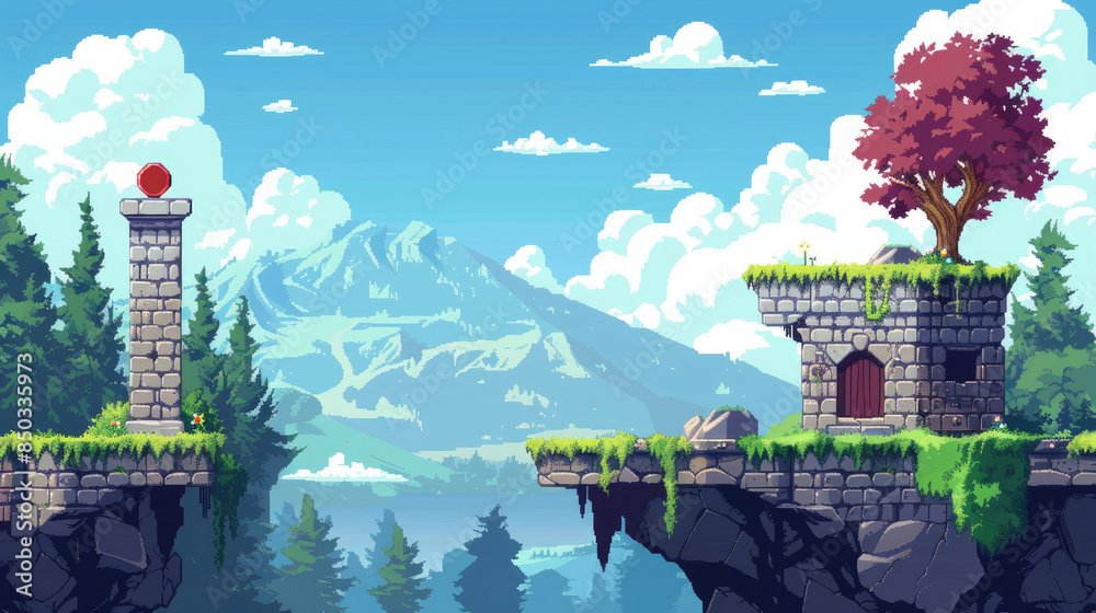 Video Game Pixel Art Scene with 'Level Up' Button Display Stock ...