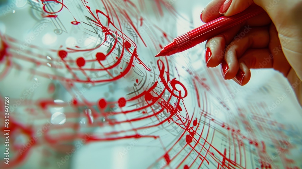 Detailed hand drawing music notes with a red marker on clear glass ...