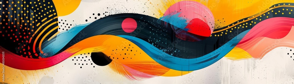 Colorful and bold graphic design of a rainbow with abstract shapes and ...