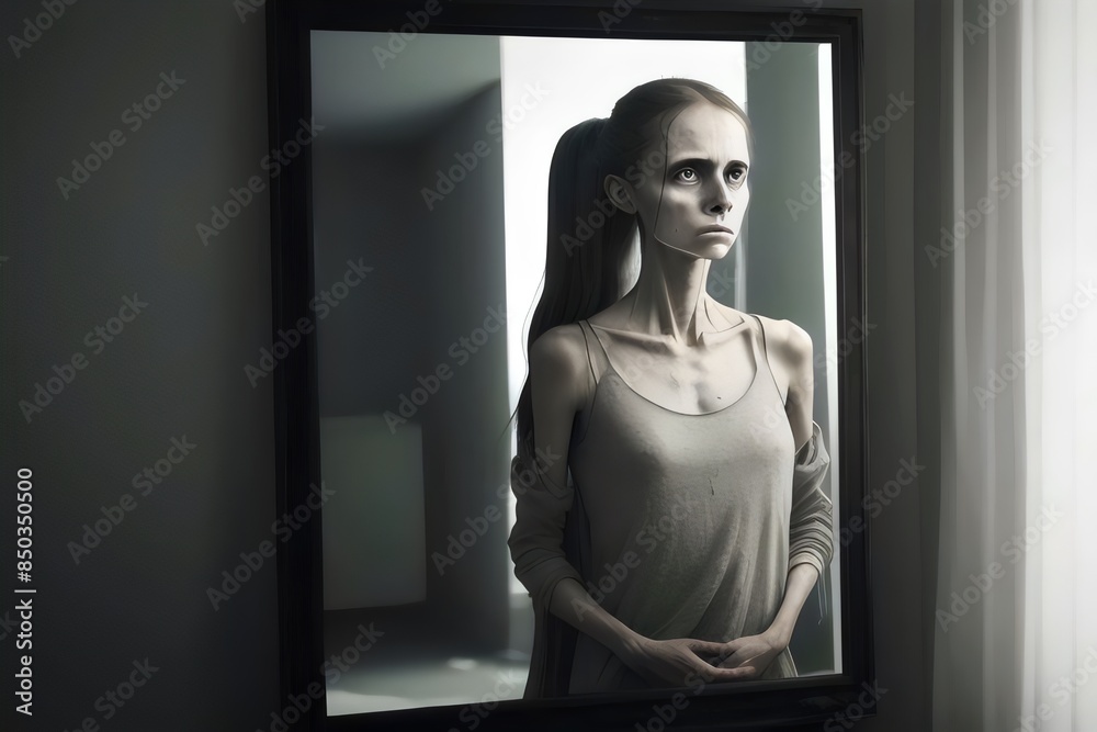 an image of a young anorexic woman, very skinny, sick, thin, alone ...