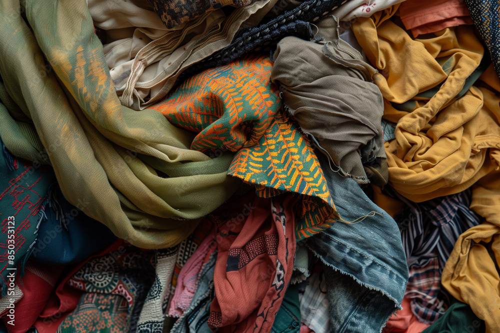 discarded pile of clothes representing fast fashion and the ...