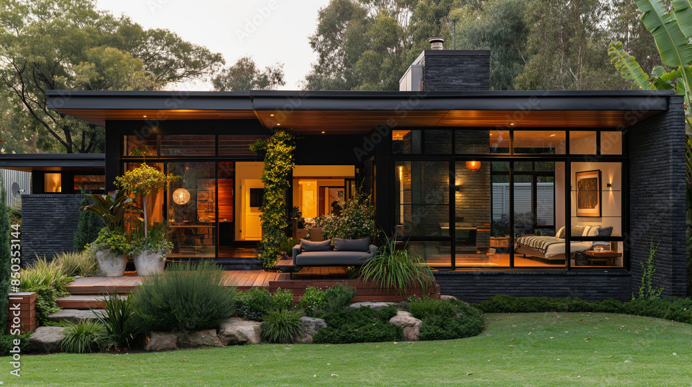 Black Painted Brick One Story House With A 8 Foot Wall In Front Hiding