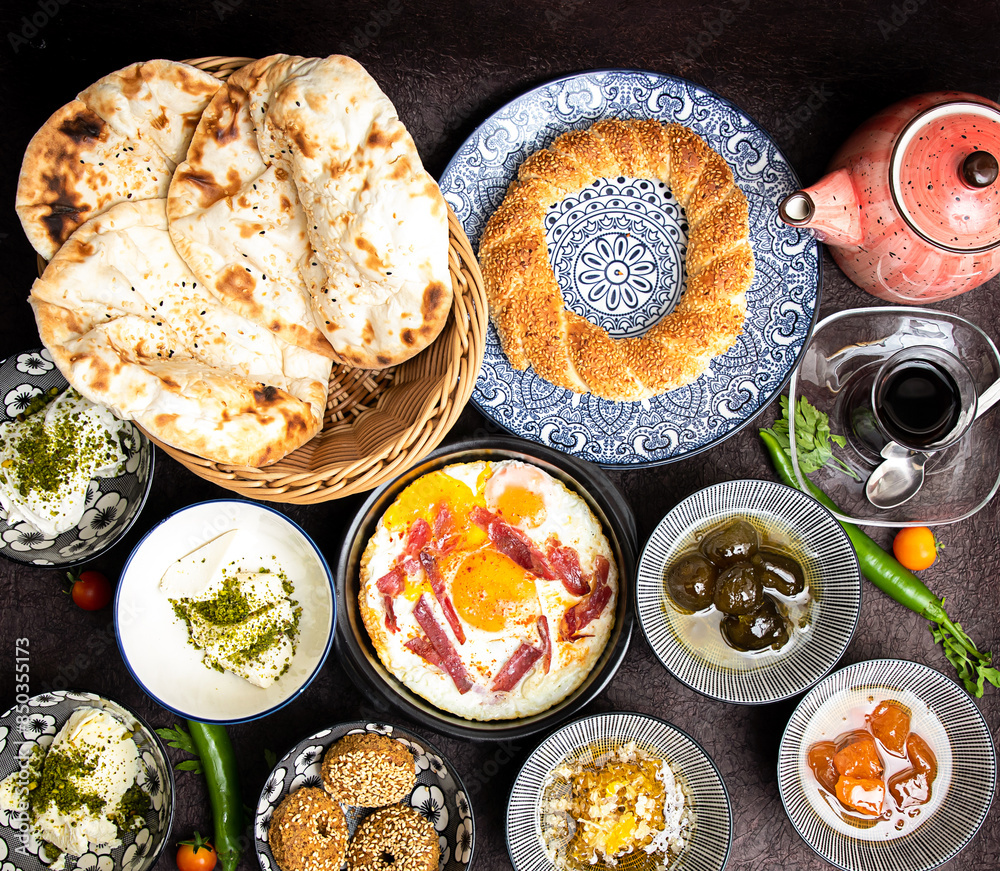 Middle eastern, Turkish or arabic Breakfast and assorted meze, concrete ...