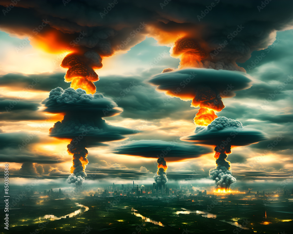 explosion of nuclear bombs from height of bird's flight. Stock Photo ...