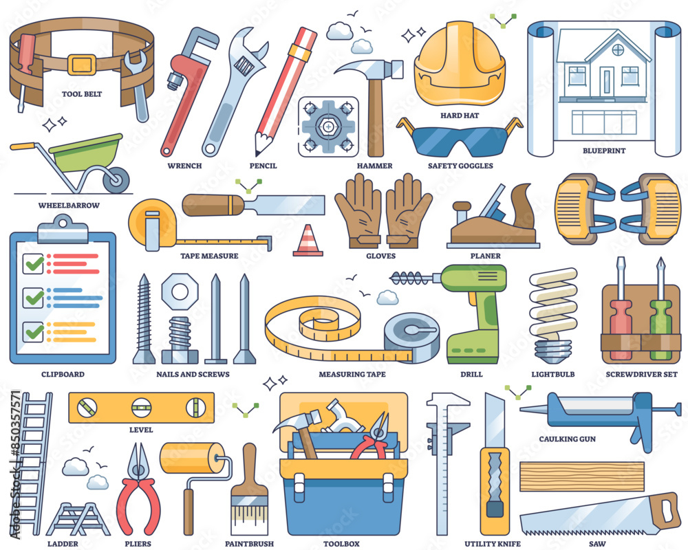 Handyman tools and professional repair work equipment outline ...