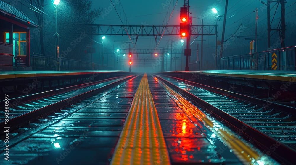A train platforms in light rain, railway signal lights shimmering ...