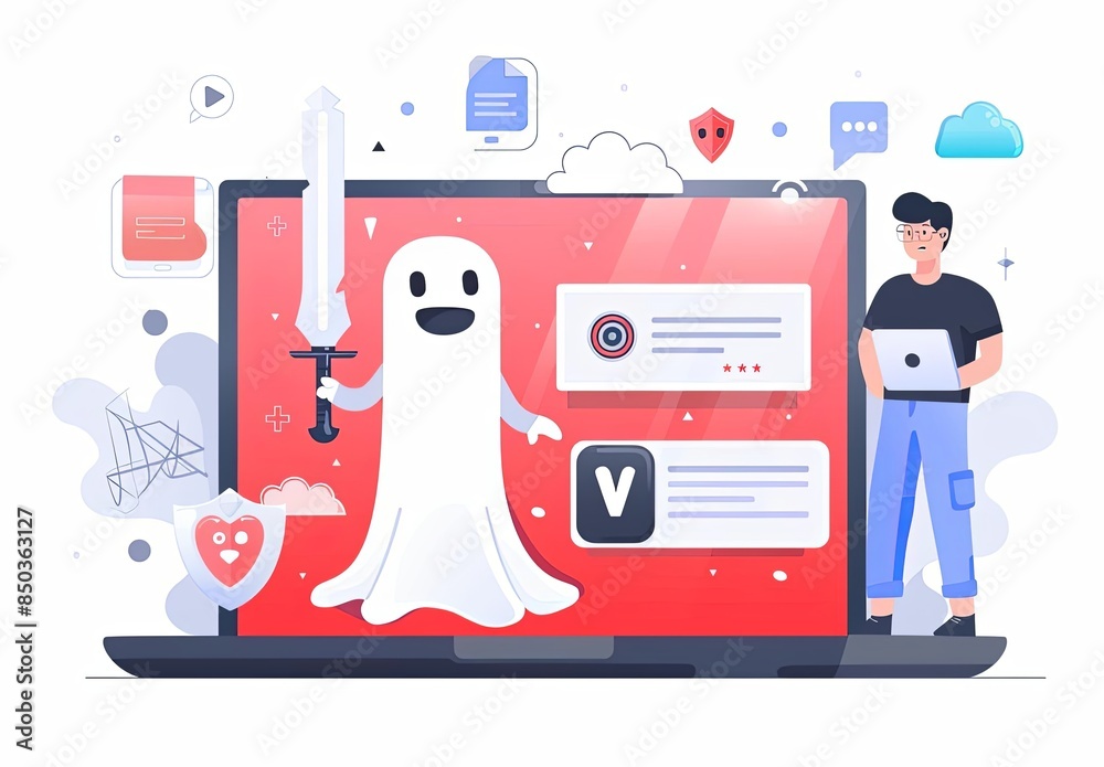 Cute cartoon ghost in modern tech background with characters, colorful ...