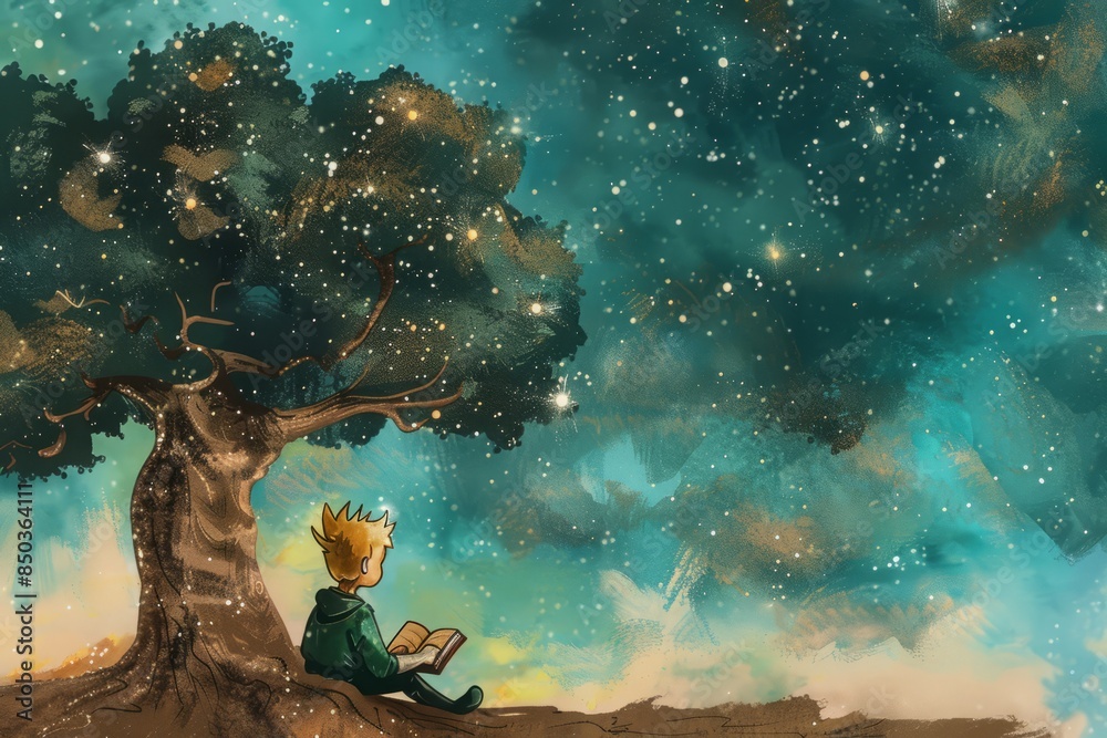 "An artistic depiction of the Little Prince reading a book under a tree ...