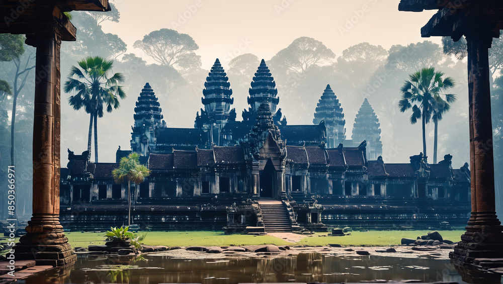 Evocative artwork of the Temple of Angkor Wat enveloped in mist ...