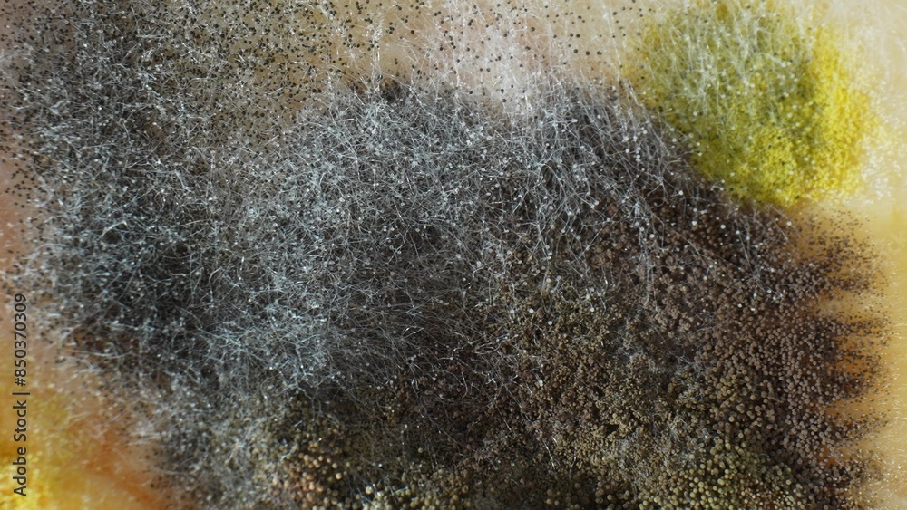 A macro shot reveals a grim landscape of decay on the bread's surface ...