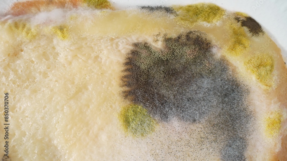 A microcosm of decay blooms on the bread slice: an eerie dance of black ...
