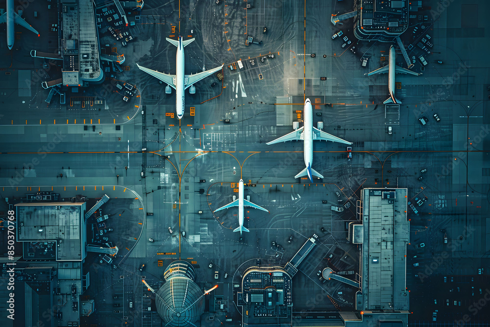 Overhead view of a sprawling airport with multiple runways and ...