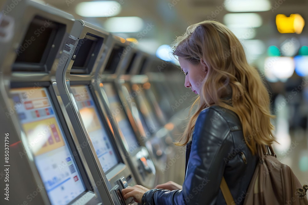 Travelers using airport self-check-in kiosks to print boarding passes ...