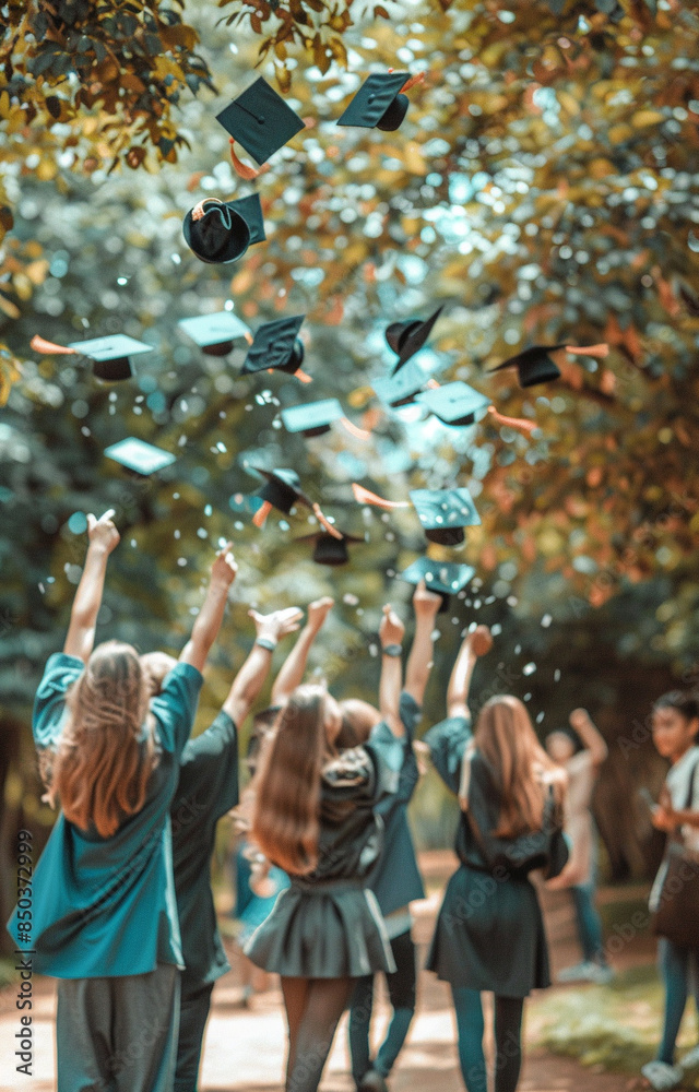 Group of cheerful students seen from behind throwing graduation hats in ...