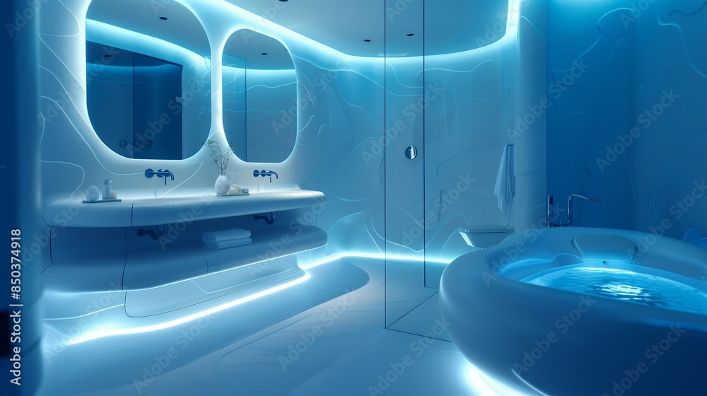 An elegant washroom with a futuristic design, featuring sleek, curved ...