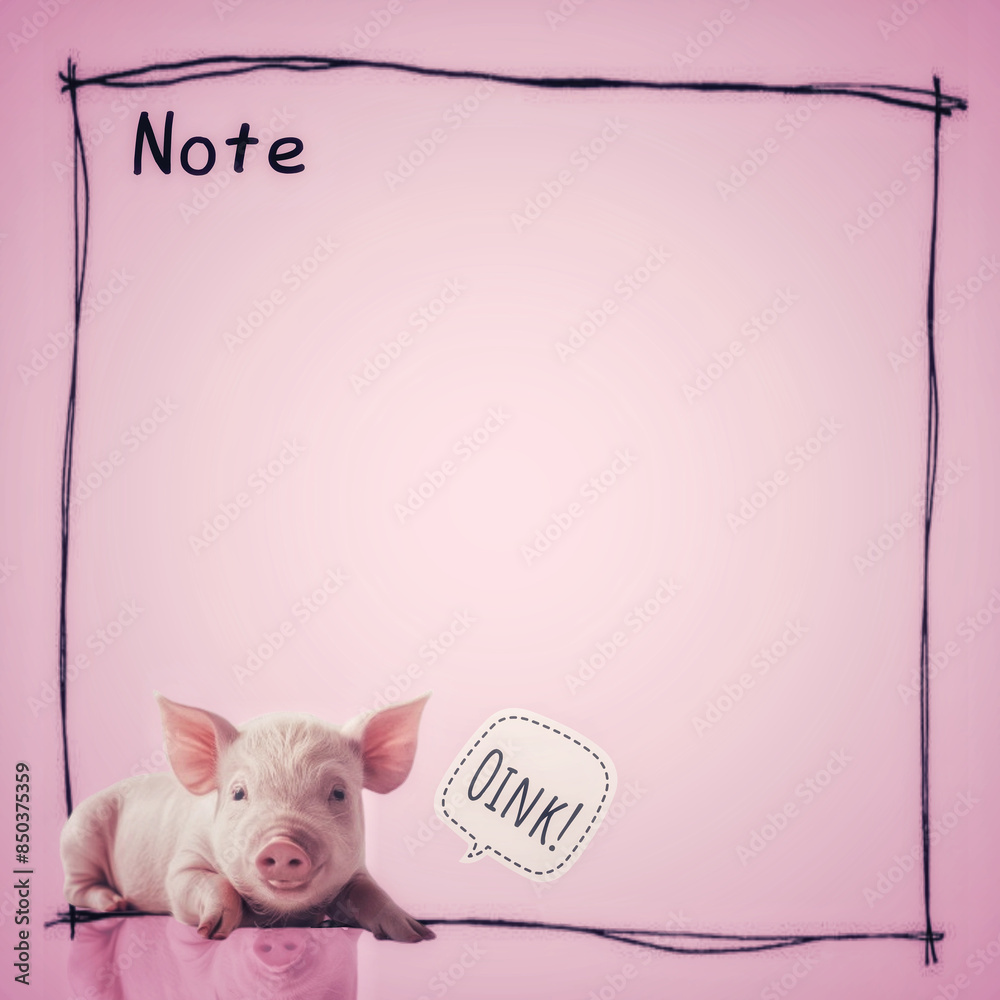 Pink sheet of paper note, memo, with pig clipart in frame border, empty ...