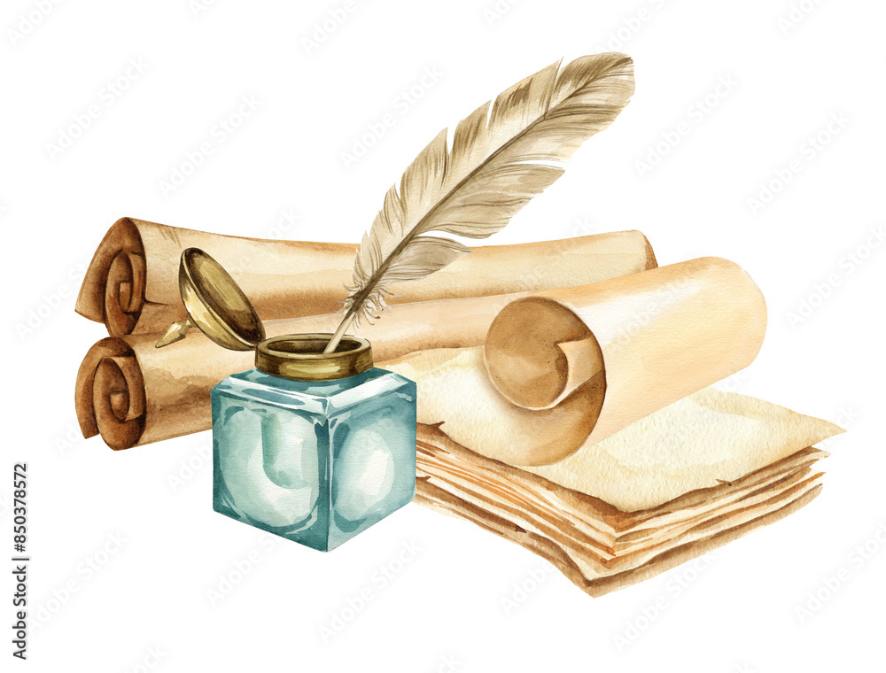 feather quill dip pen and vintage green glass inkwell, stack of old brown paper, aged scrolled ...