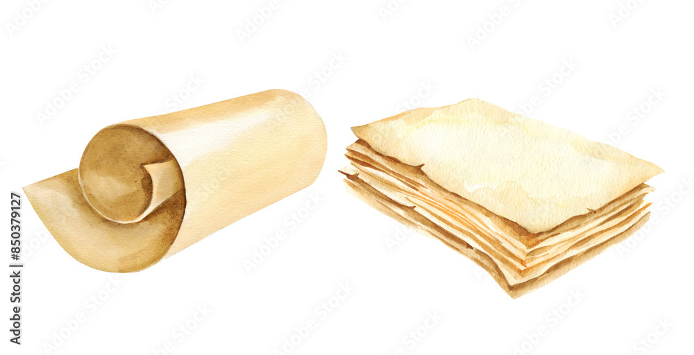 watercolor old brown paper sheets and scrolled paper sheet, vintage ...