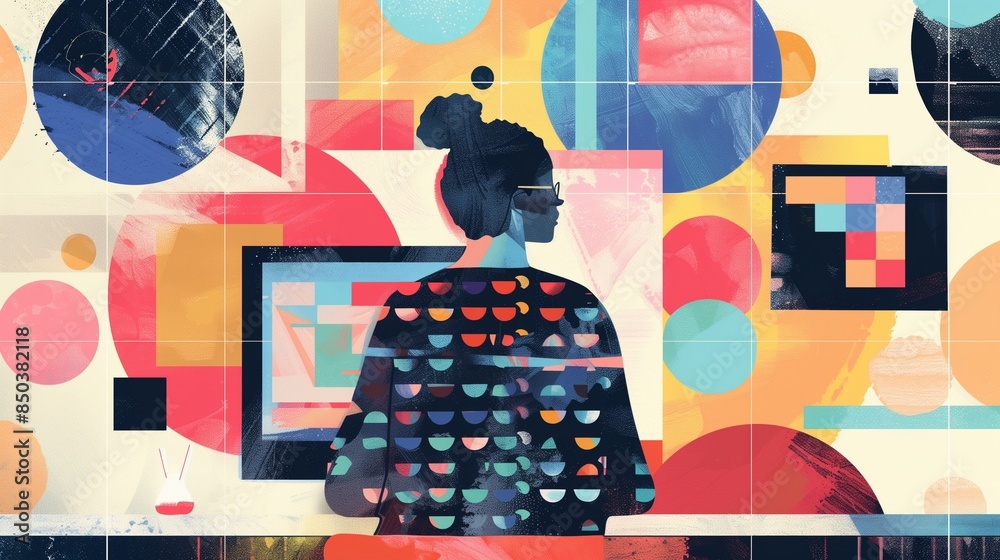 Illustration featuring a girl from the back, immersed in learning to code. Abstract shapes ...