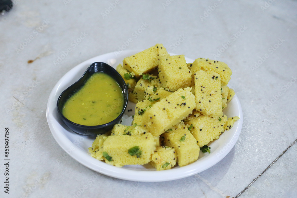 traditional indian gujarati snack khaman dhokla fast food dish made ...