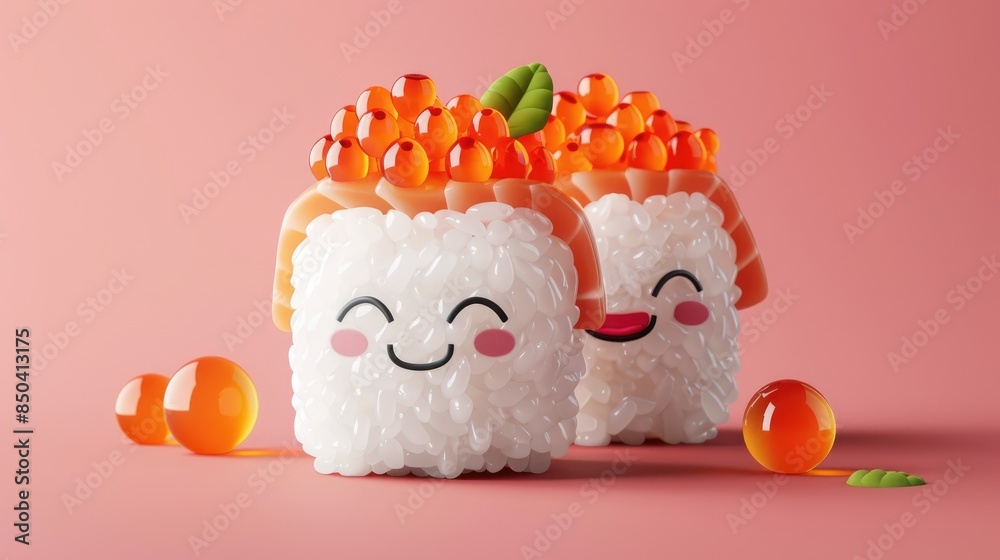 2d cartoon illustration of a charming sushi roll character topped with ...
