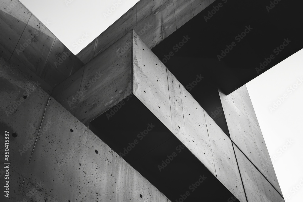 Abstract architectural photography of intersecting concrete structures in black-and-white ...