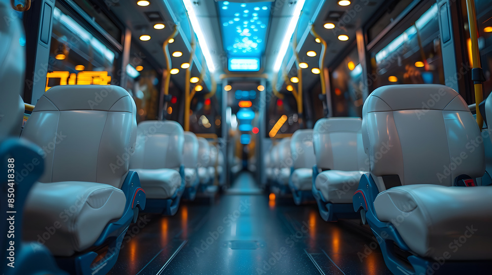 A sleek and modern public bus interior featuring white seats and ...