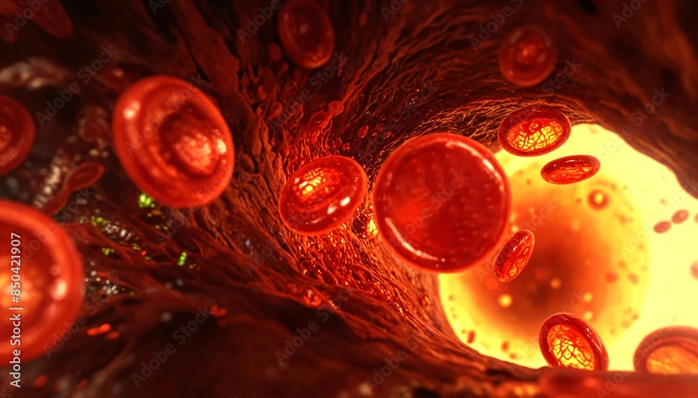 Detailed close-up of blood flow in arteries and veins, showcasing ...