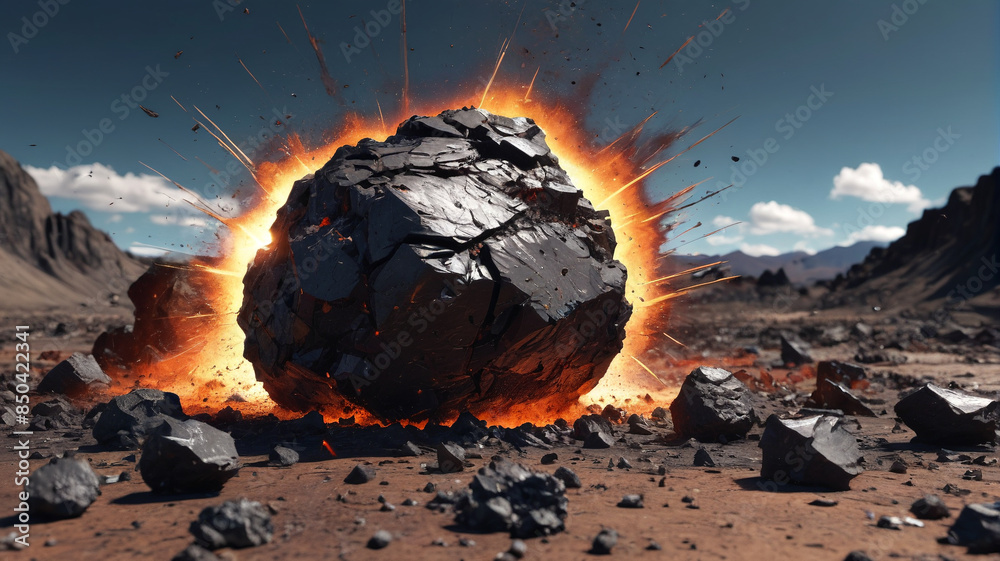 Apocalyptic impact of a meteorite, shattering the Earth's crust and ...