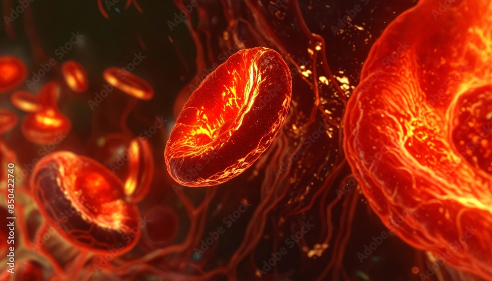Microscopic view of blood cells flowing through arteries and veins ...