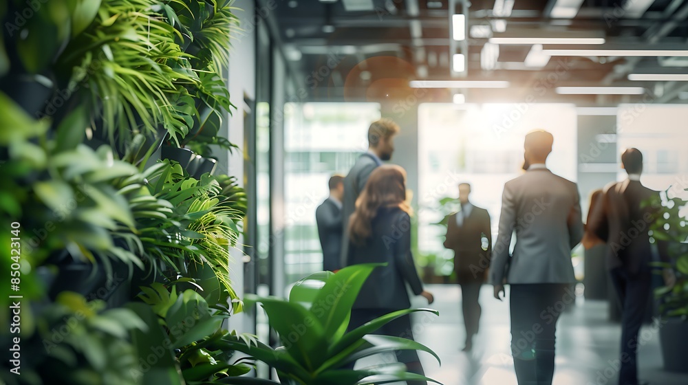 Bustling corporate lobby with professionals and expansive vertical ...