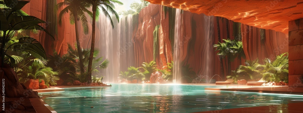 Illustrate a scene from a mystical desert oasis with shimmering pools ...