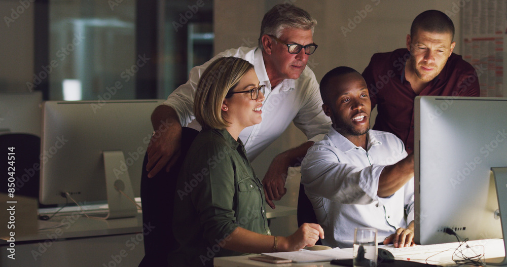 Problem solving, teaching or business people on computer for research ...