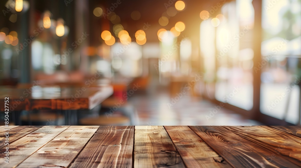 Wooden empty table in front blurred cafe background Bar counter key ...