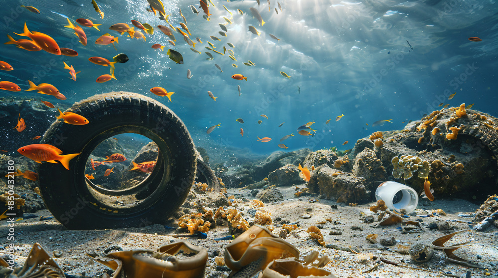 Fish swimming around abandoned tire on ocean floor, highlighting ...