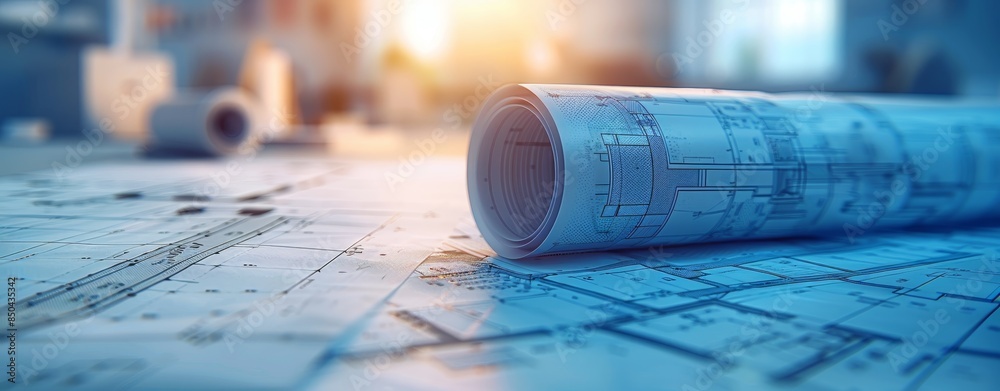 Closeup of blueprints and architectural drawings on white paper, with ...