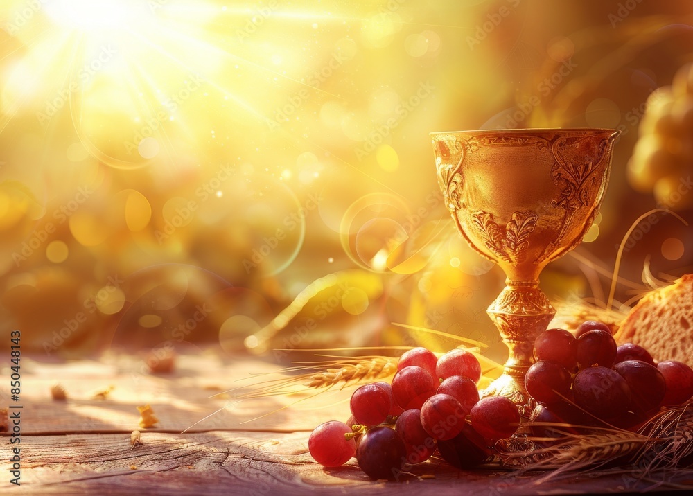 Communion, the Holy Grail with unleavened bread and the chalice of wine ...