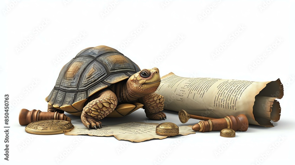 A wise old tortoise sits next to an ancient scroll, its wrinkled face ...