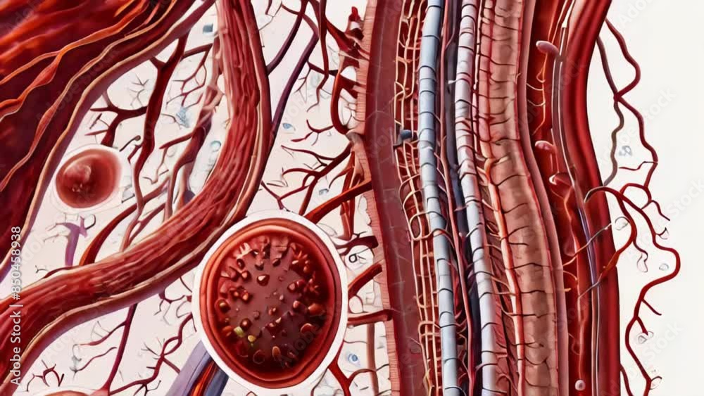 Microscopic view of red blood vessels and cells, showing the complex ...