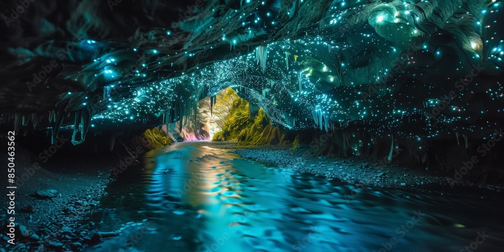 The surreal Waitomo Glowworm Caves in New Zealand, illuminated by thousands of bioluminescent ...