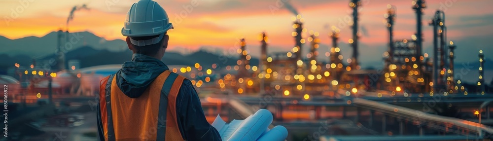 Back view of an engineer with blueprints, gazing at a refinery during ...