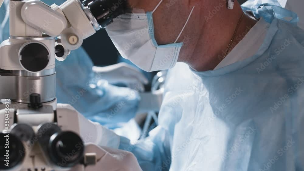 A doctor uses a microscope during eye surgery or diagnosis, cataract ...