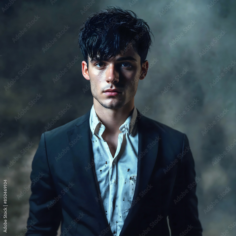 Handsome British young teenage boy in black suit & messy hair or ...
