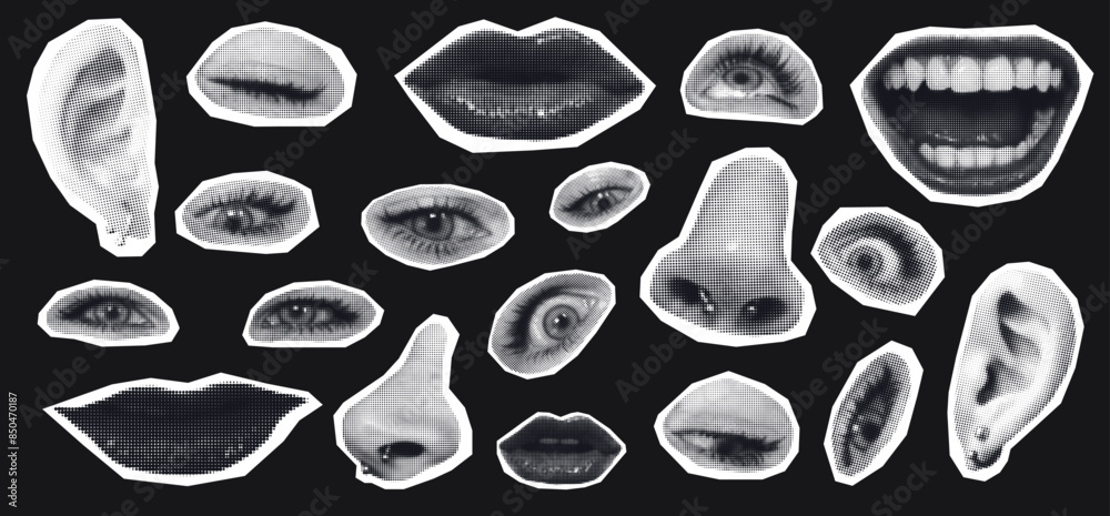 Collage of halftone eyes, noses, mouths and ears on a black background ...
