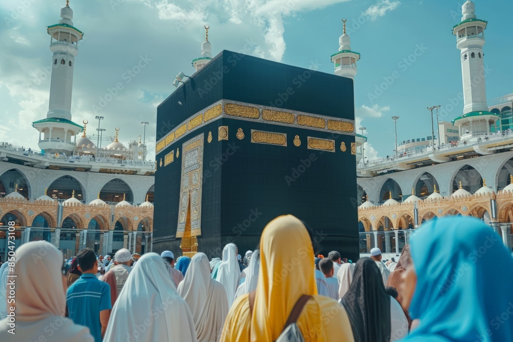 The holy pilgrimage of Hajj with pilgrims performing Tawaf at the Kaaba ...